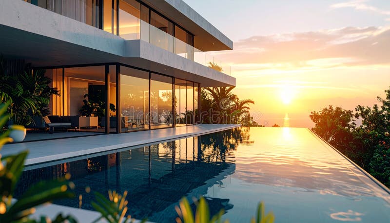 Modern Villa with Infinity Pool and Sunset Reflections in Tropical ...
