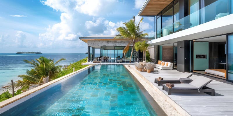 Modern Villa with Large Swimming Pool Next To Ocean Stock Photo - Image ...