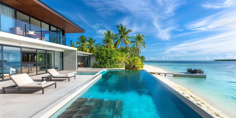 Modern Villa with Large Swimming Pool Next To Ocean Stock Photo - Image ...