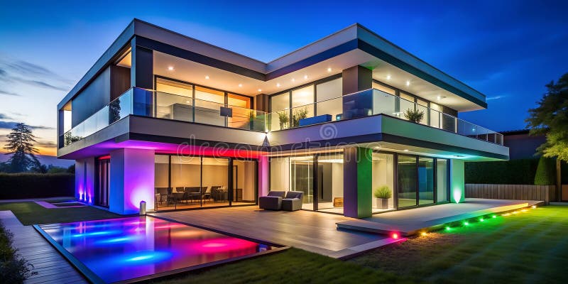 Modern Villa with Multi Colored LED Lighting at Night Neon Lights of ...