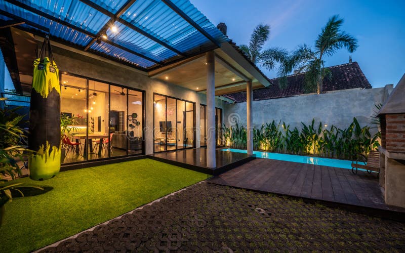 Villa in Night Illumination Stock Image - Image of resort, tropical ...