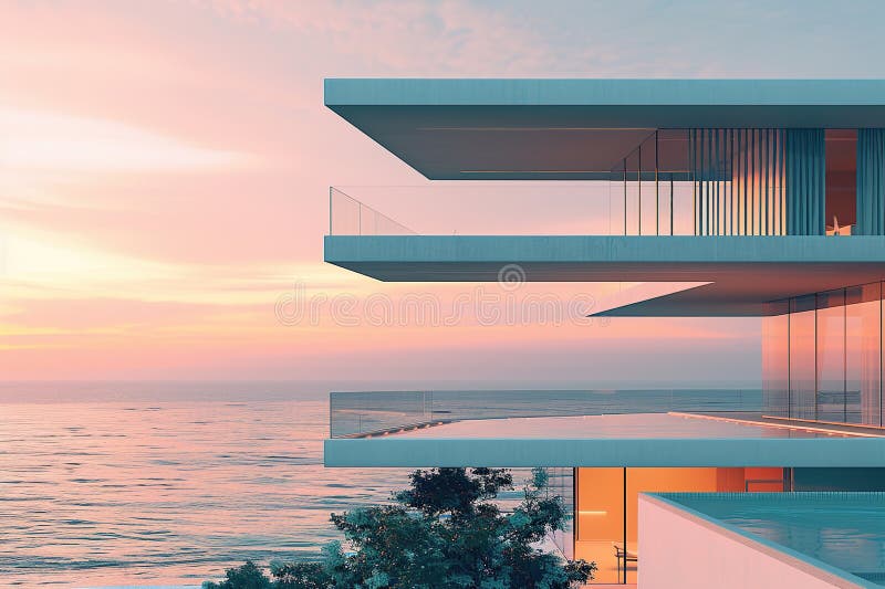 Modern Villa with Ocean View at Sunset Stock Illustration ...