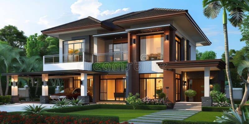 Modern Villa with Palm Trees Generated Using AI. Stock Illustration ...