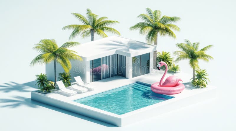 Modern Villa with Palm Trees and Pool Featuring Pink Inflatable Flamingo Stock Photo - Image of ...