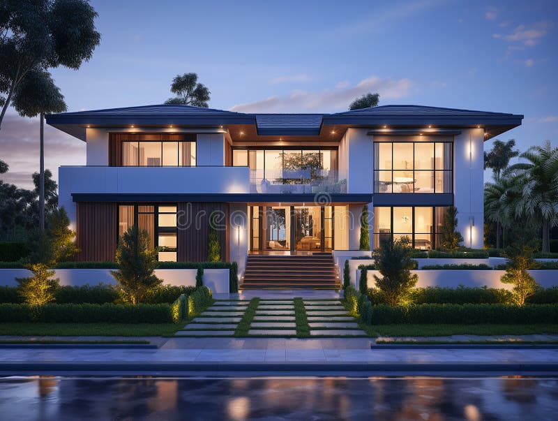Modern Villa with Panoramic Windows in Evening Light Stock Illustration ...