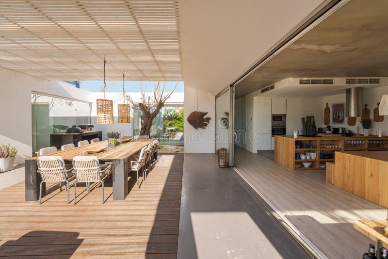 Modern Villa with Pool and Deck with Interior Stock Photo - Image of ...