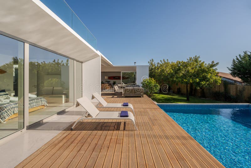 Modern Villa with Pool and Deck with Interior Stock Image - Image of ...
