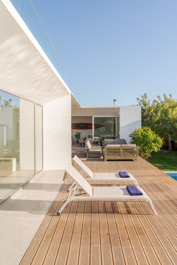 Modern Villa with Pool and Deck with Interior Stock Photo - Image of ...