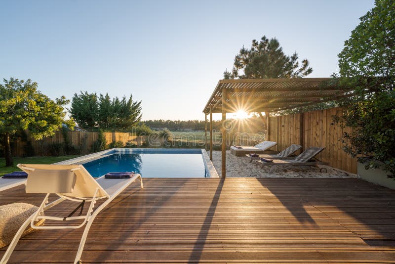 Modern Villa with Pool and Deck with Interior Stock Image - Image of ...