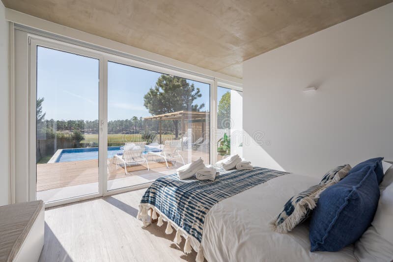 Modern Villa with Pool and Deck with Interior Stock Photo - Image of ...