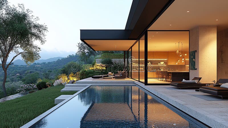 Modern Villa Pool Deck with Mountain View, Evening Ambiance Stock ...