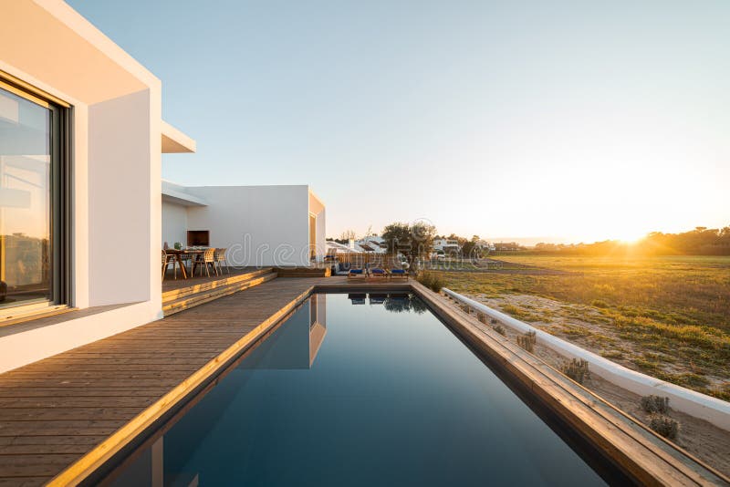 Modern Villa with Pool and Deck Stock Photo - Image of apartment ...