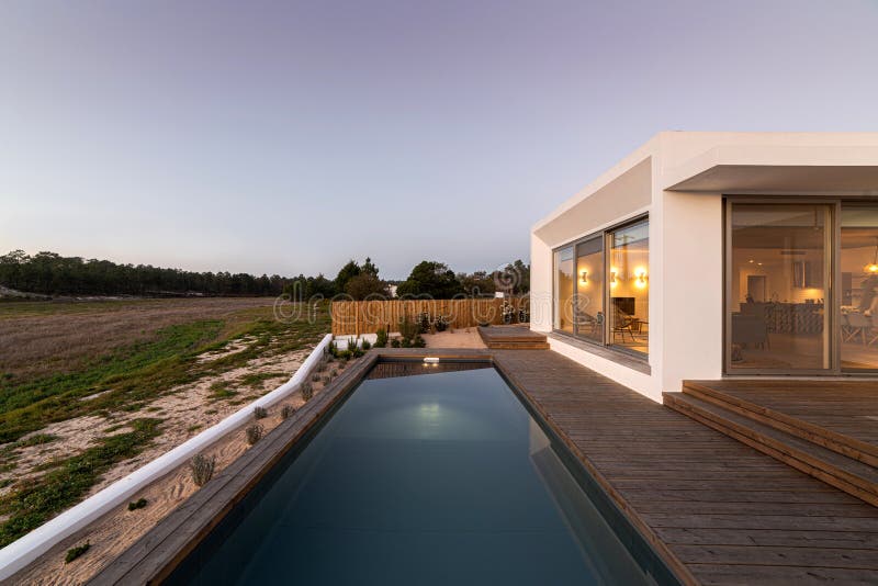 Modern Villa with Pool and Deck Stock Image - Image of apartment, deck ...