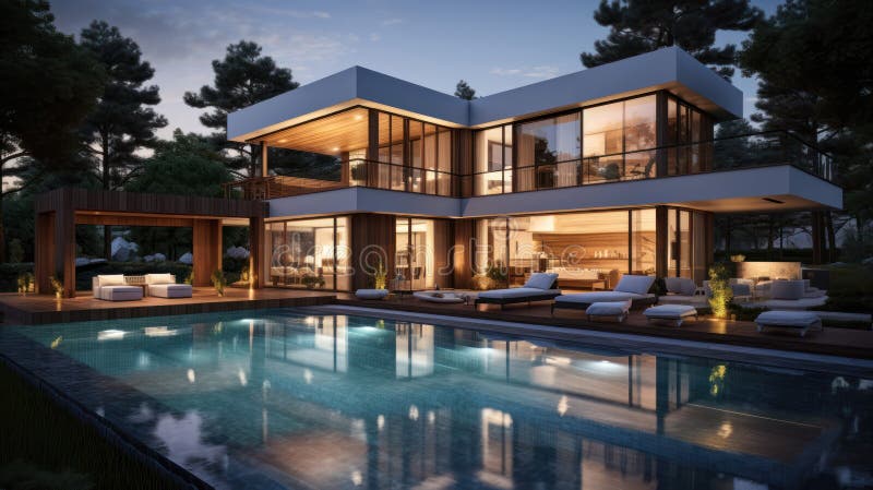 Modern Villa with Pool at Dusk. Generative AI Stock Illustration ...