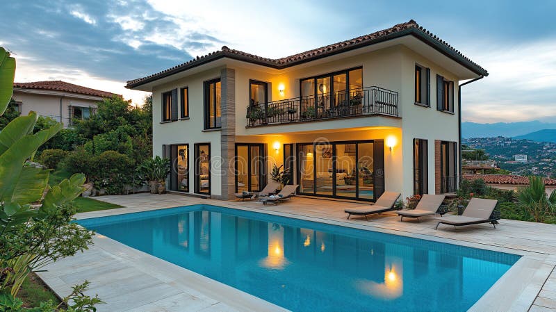 Modern Villa with Pool at Dusk, Hillside View Stock Illustration ...
