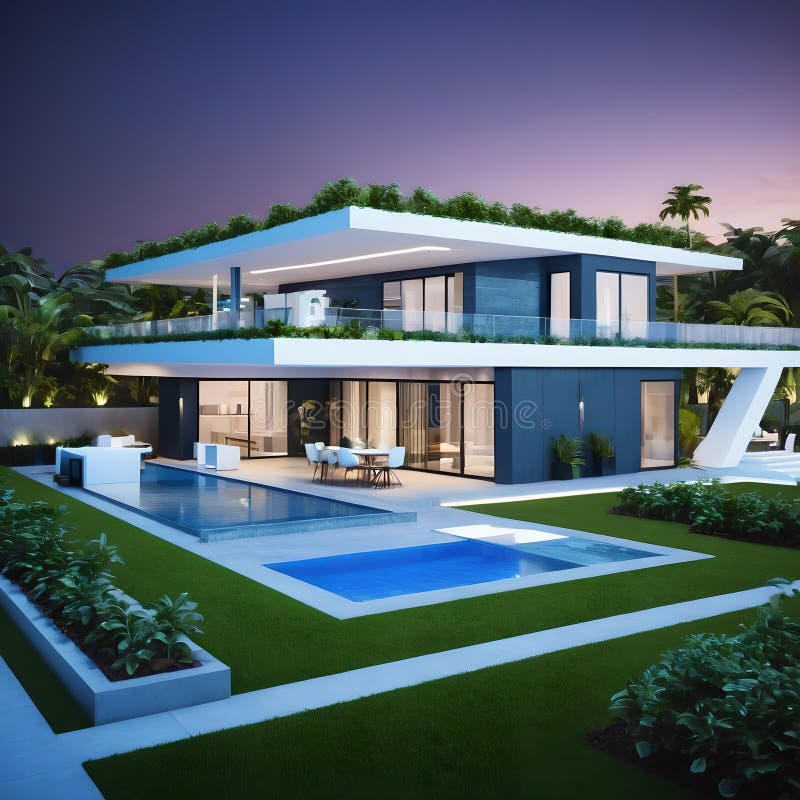Modern Villa with Pool and Green Roof at Dusk. Stock Illustration ...