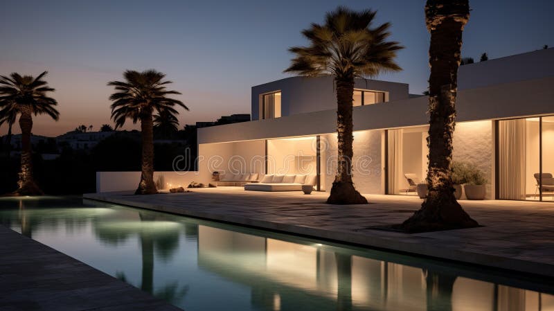 Modern Villa with Pool and Landscape Lighting at Dusk Stock ...