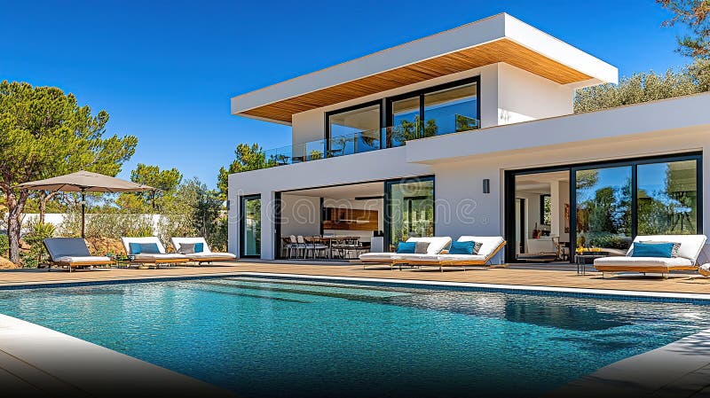 Modern Villa with Pool, Mediterranean Landscape, Luxury Exterior Stock ...