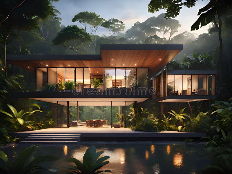 Modern Villa with Pool, Night Scene Stock Illustration - Illustration ...