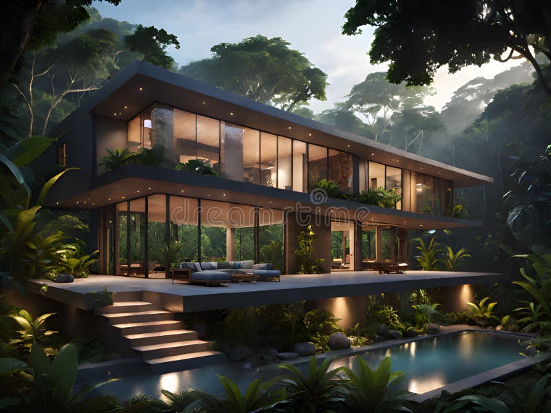 Modern Villa with Pool, Night Scene Stock Illustration - Illustration ...