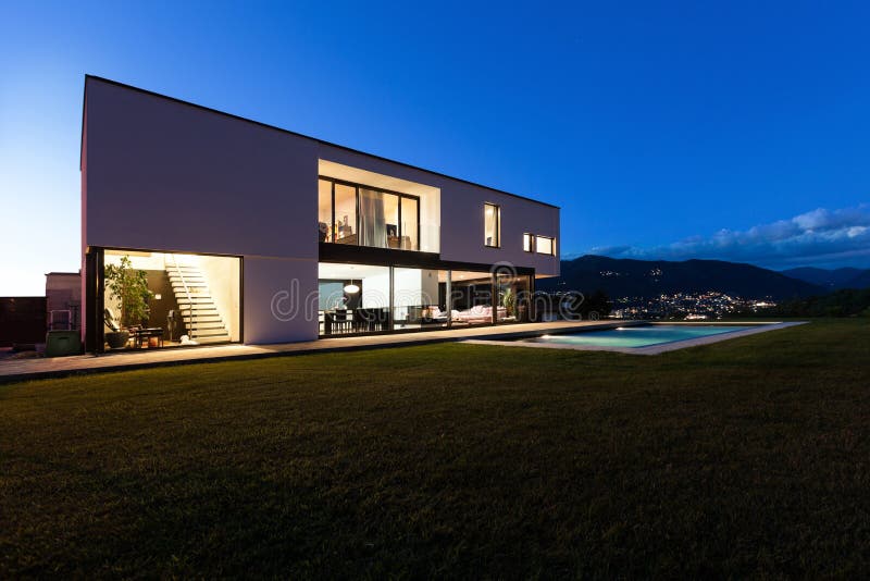 Modern villa with pool stock photo. Image of grass, night - 32027698