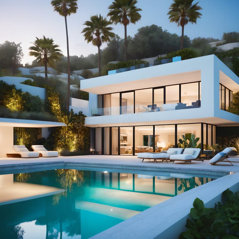 Modern Villa with Pool and Palm Trees. Stock Illustration - Illustration of resort, home: 328497111