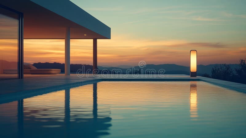 Modern Villa Pool with Serene Sunset and Scenic Views. Stock Photo ...