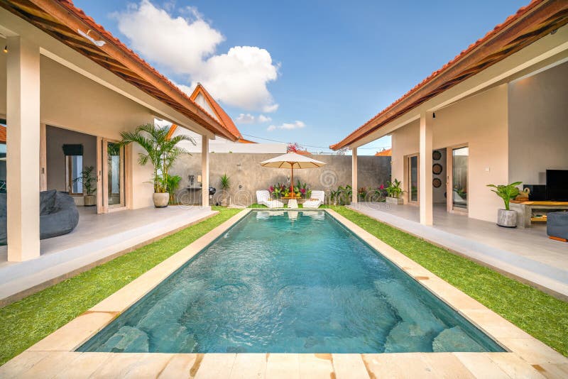 Modern Villa with Pool, View from the Garden Stock Image - Image of ...