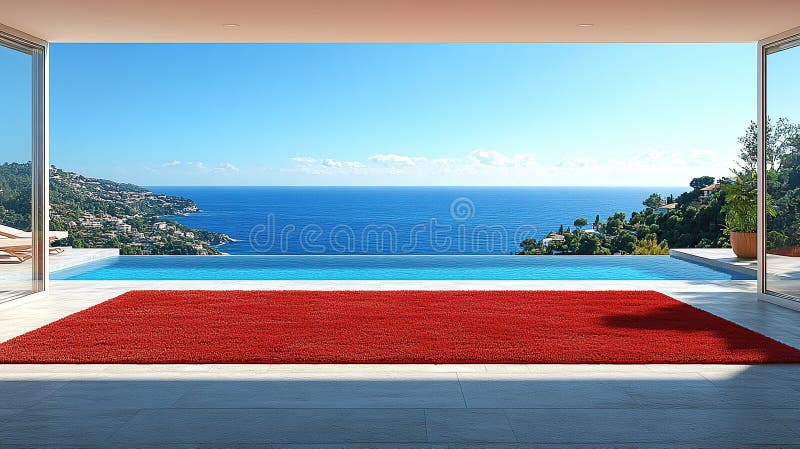 Modern Villa, Red Carpet, Infinity Pool, Ocean View Stock Photo - Image ...