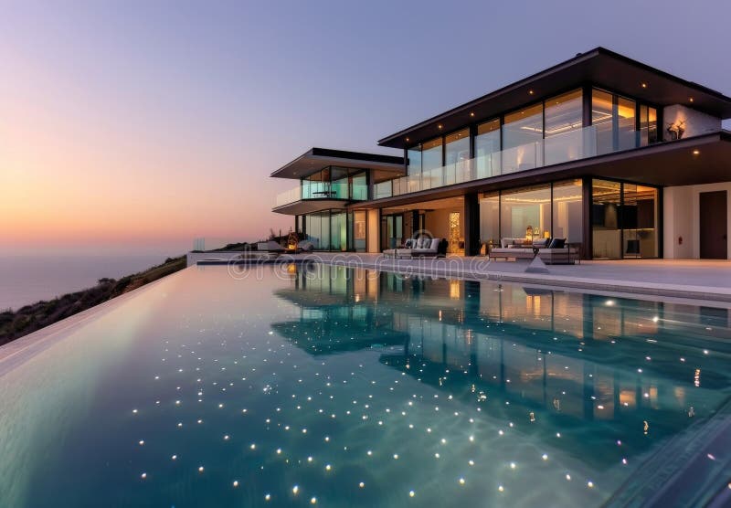 Stunning Modern Villa Infinity Pool Overlooking Ocean Twilight Stock ...