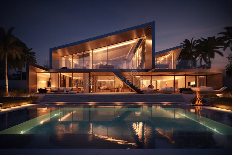 A Modern Villa Stands Tall and Majestic Against the Night Sky. Its ...