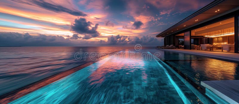 Sunset Serenity at Oceanfront Infinity Pool Stock Illustration ...