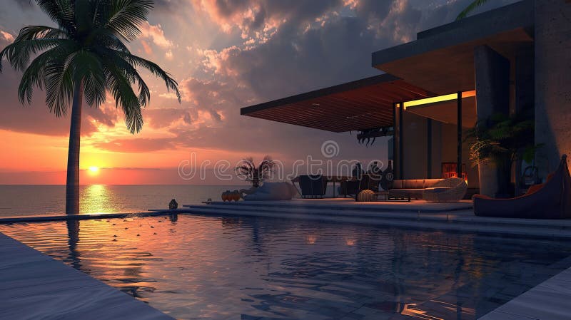 Modern Villa with Sunset View and Pool Stock Illustration ...