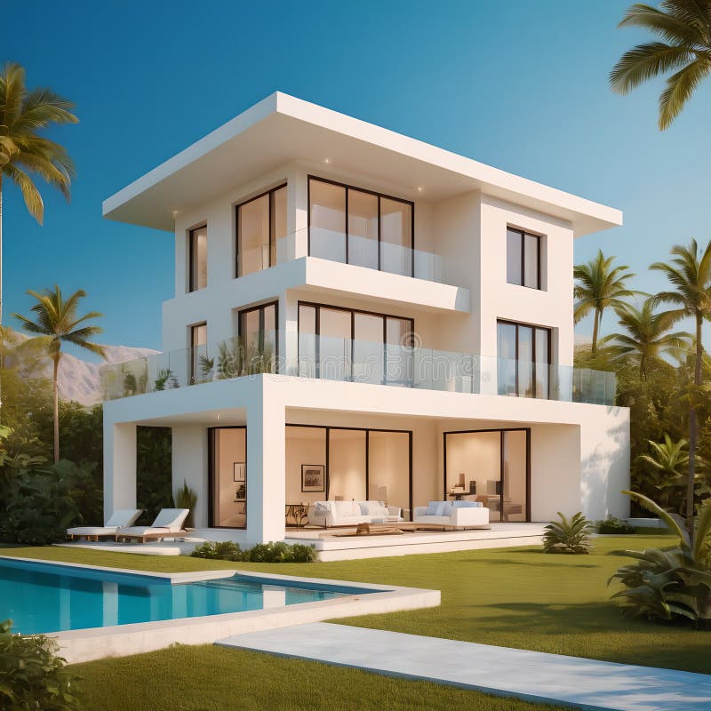 Modern Villa with Swimming Pool and Palm Trees. Stock Illustration ...