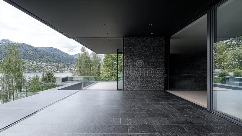 Modern Villa Terrace with Lake View, Luxury Architecture Design Stock ...