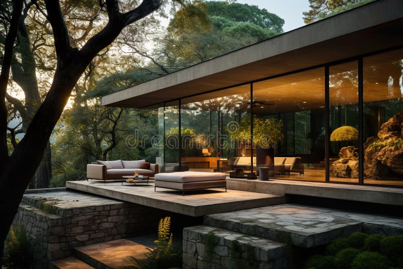 Modern Villa with Terrace and Panoramic Window in the Forest, Morning ...