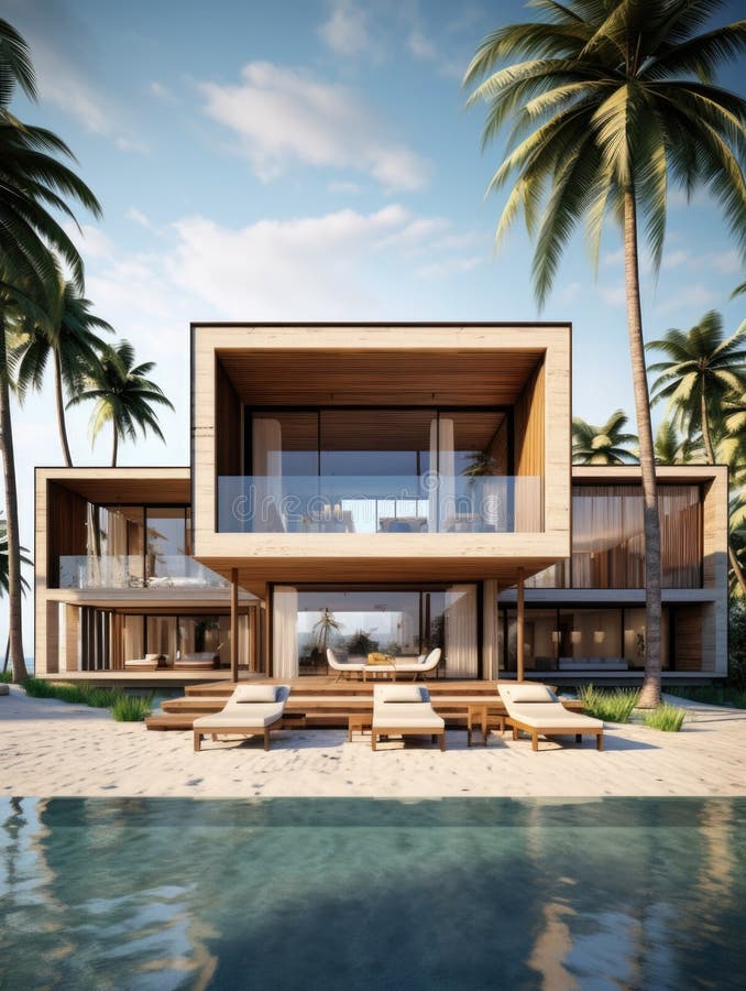 Modern Villa on a Tropical Sand Beach among Palm Trees Stock ...