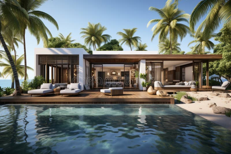 Modern Villa on a Tropical Sand Beach among Palm Trees. AI Generated ...