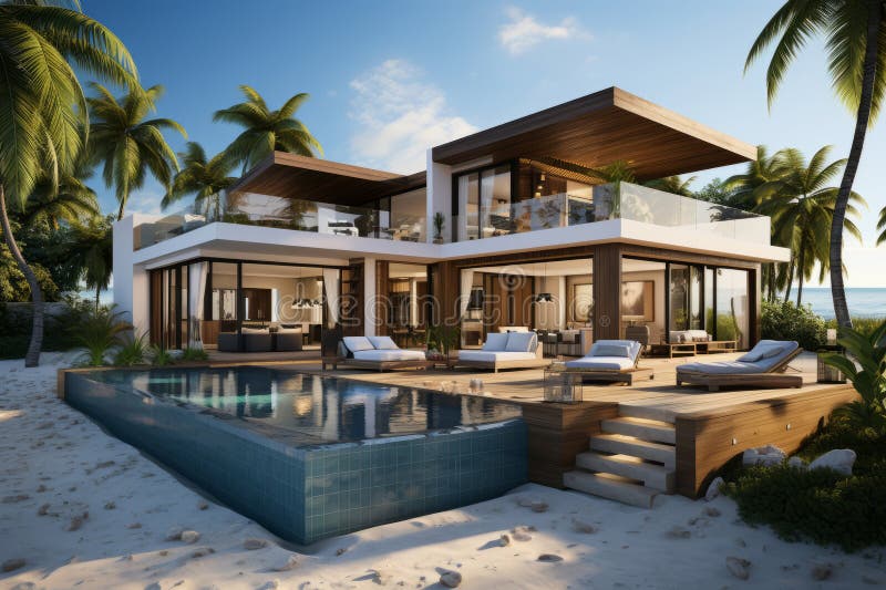Modern Villa on a Tropical Sand Beach among Palm Trees. AI Generated ...