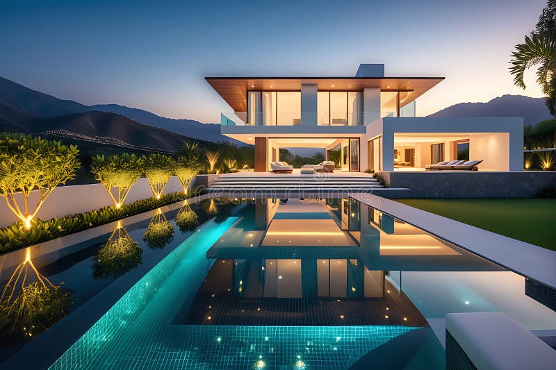 Modern Villa at Twilight - Glowing Interior Lights, Reflection on ...