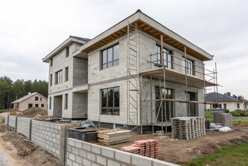 Modern Villa Under Construction with Concrete Blocks Stock Illustration ...