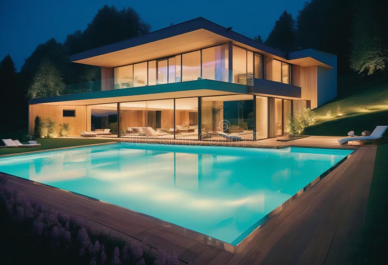 A Modern Villa with Vibrant LED Lights Illuminating the Exterior at ...