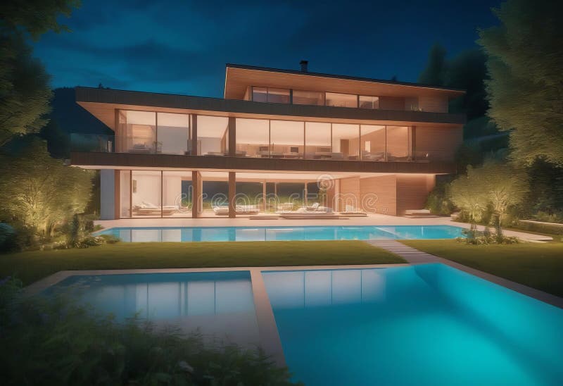 A Modern Villa with Vibrant LED Lights Illuminating the Exterior at ...