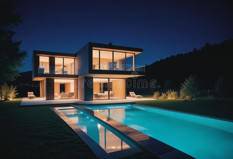 A Modern Villa with Vibrant LED Lights Illuminating the Exterior at ...