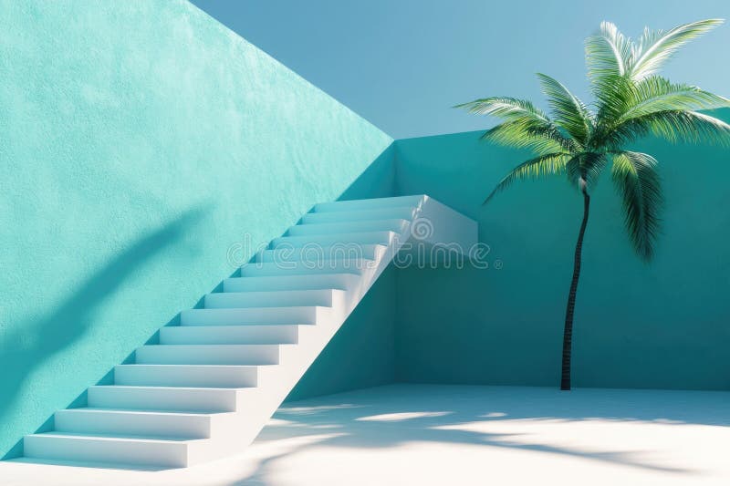 Modern Villa with White Stairs and a Turquoise Wall, a Shadow on the ...