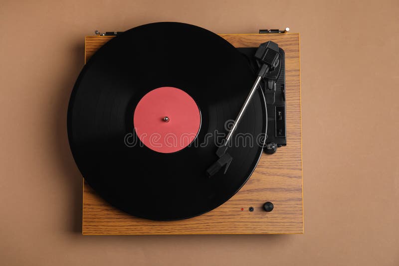 Modern Vinyl Record Player with Disc on Wooden Background, Top View ...