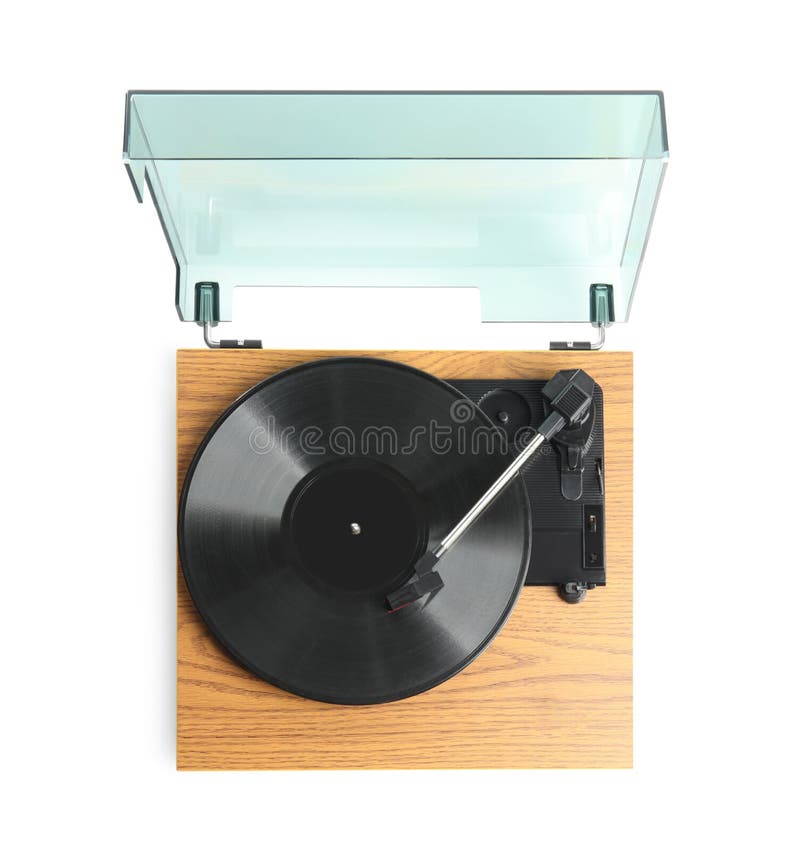 Modern Vinyl Record Player with Disc Isolated on White, Top View Stock ...