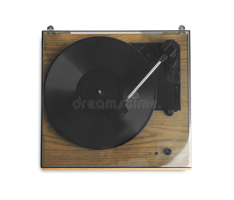Modern Vinyl Record Player with Disc Isolated on White, Top View Stock ...