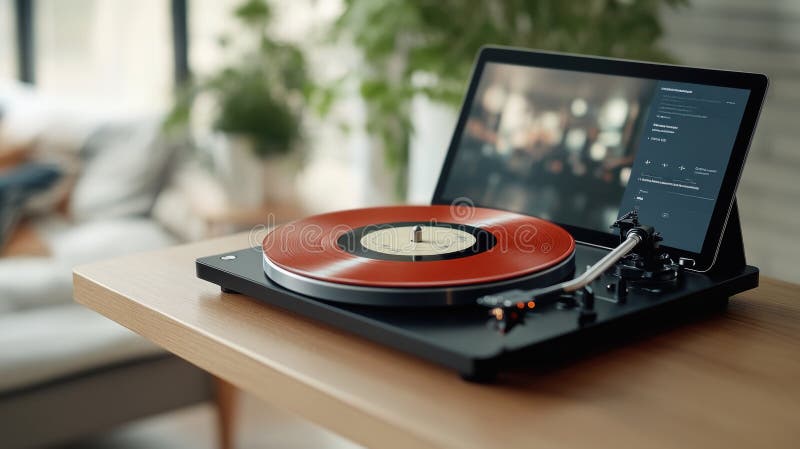 Modern Vinyl Record Player with Tablet in Stylish Home Setting Stock ...