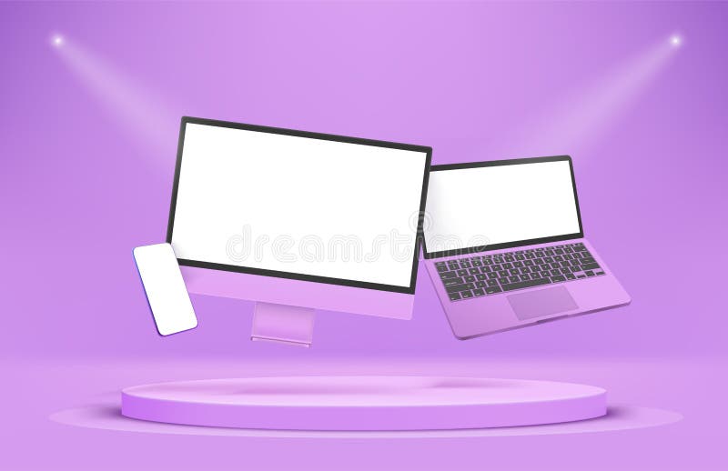 Modern Violet Smartphone, Laptop and Desktop Computer with Blank ...